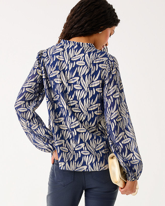 Giana Long Sleeve Silk Top - Low Tide Navy Leafy Babe Metallic Silk Cl ...