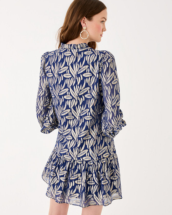 Evaline Silk Popover Dress - Low Tide Navy Leafy Babe Metallic Silk Cl ...